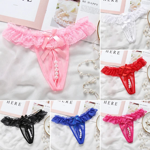 Women Sexy Thongs Panties Crotchless Underwear Open Crotch Pearl Lace G