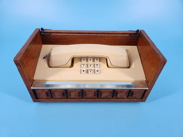 VINTAGE WOODEN BOX Hidden Executive Desk Top Push Button Dial Telephone ...