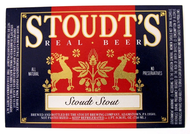 STOUDT BREWING CO STOUDT STOUT beer label PA 25.36oz Gold animals $1.80 ...