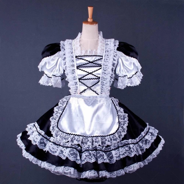 Sissy Girl Maid Lockable Black Satin Dress Cosplay Costume Tailor Made