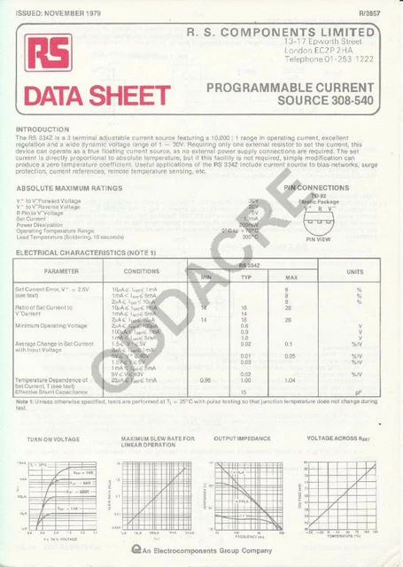 PROGRAMMABLE CURRENT SOURCE Rs334Z Radiospares 1979 Data Sheet 308-540 ...