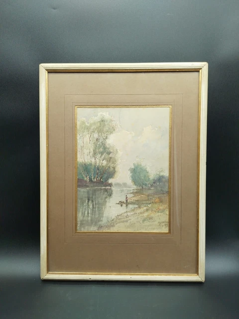 TABLEAU AQUARELLE SIGNÉ Jouve ? Daté 1899 ? Paysage Rivière Homme Chien EUR 50,00 - PicClick FR