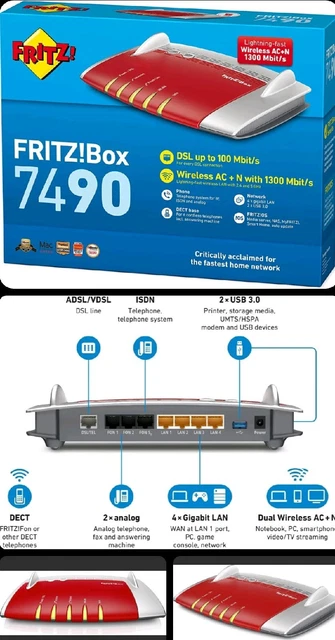 AVM FRITZBOX 7490 VDSL DSL Modem ISDN 4-Port Gigabit DUAL WLAN MESH ...