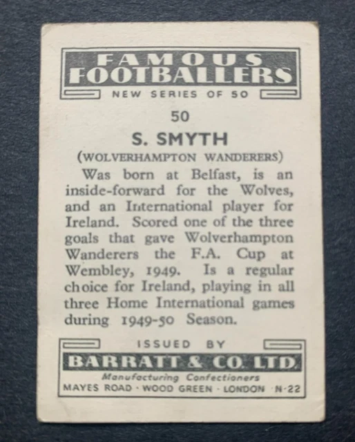 BARRATT NEW SERIES Famous Footballers Card 1952 Sammy Smyth Wolves #50 ...