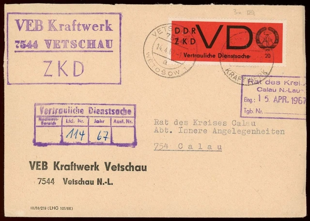 DDR NR. 3 Vertrauliche Dienstsache VEB Kraftwert VETSCHAU 1967 n. CALAU ...