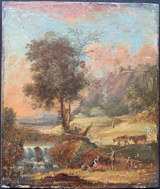 TABLEAU ANCIEN HUILE Paysage Classique Personnages Arbres Rivière ...