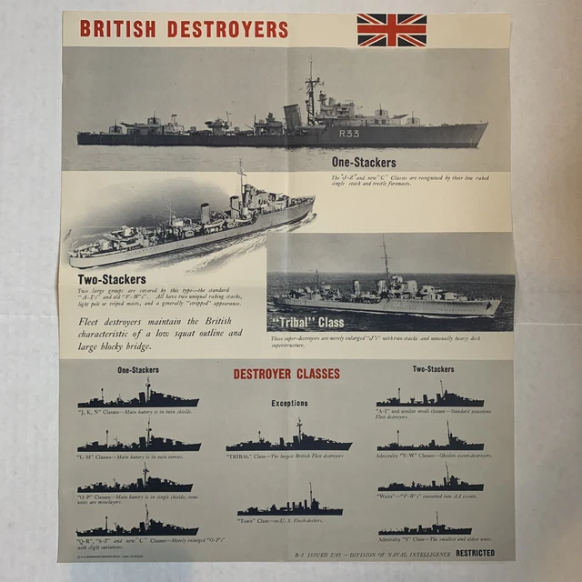 VINTAGE 1945 WWII BRITISH DESTROYERS Identification Poster Naval ...