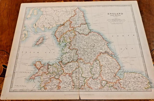 1900 JOHNSTON COLOUR Atlas Map Chart England & Wales Northern Part Isle ...