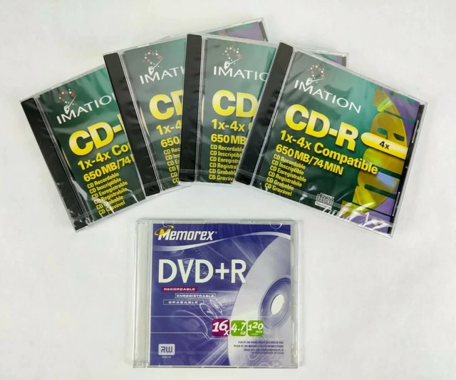 IMATION CD-R 650MB 74 Min 4x Recordable Disc Lot of 4 & Memorex DVD+R ...