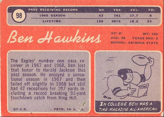 1970 TOPPS BEN Hawkins recrue Philadelphia Eagles #98 EUR 1,10 ...