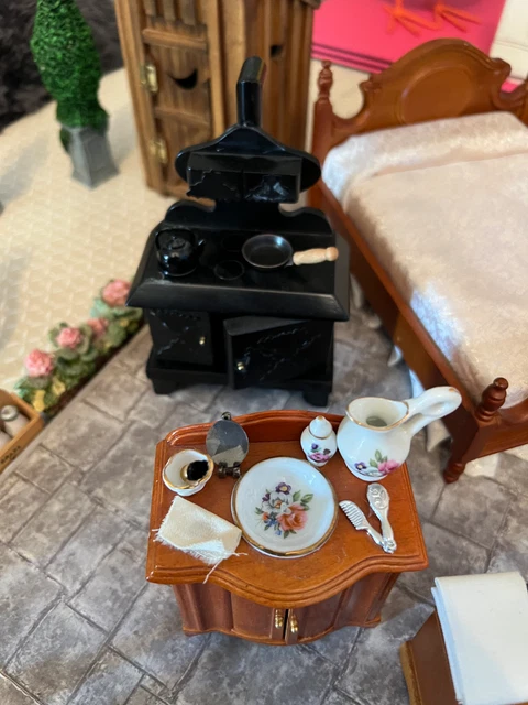 DOLLS HOUSE WITH antique furniture, figures & accessories £208.70 ...