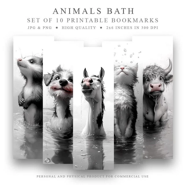 10 ANIMALS BATH Printable Bookmarks Set Digital Download JPG PNG ...