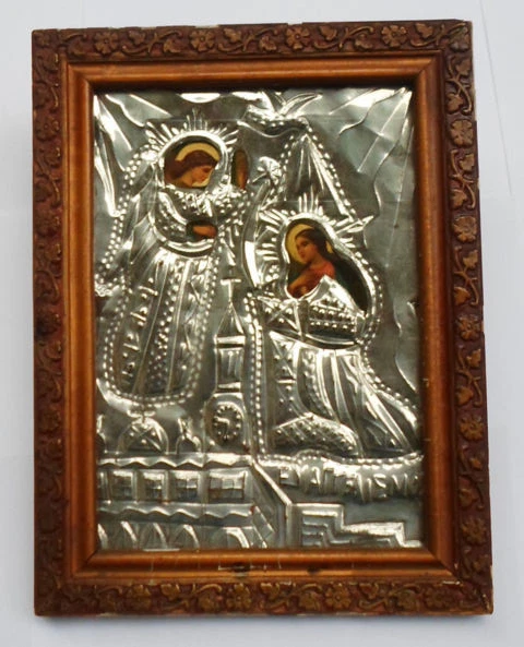 VIRGIN MARY ANNUNCIATION Vintage Greek Orthodox Riza Oklad Icon Framed ...