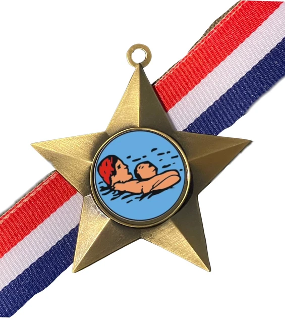 LIFE SAVING SWIMMING Award Personalised Antique Gold Star Medal ...