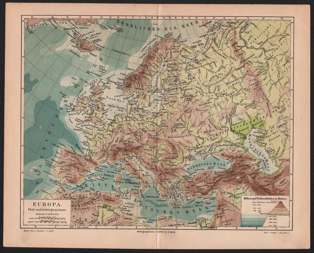 ANTIQUE MAP. EUROPE. PHYSICAL MAP OF EUROPE. Circa 1885 $10.00 ...