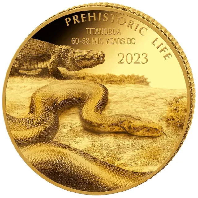 MONETA D'ORO TITANOBOA vita preistorica (10.) 2023 - Congo - 0,5 gr PP ... MONETA D'ORO TITANOBOA vita preistorica (10.) 2023 - Congo - 0,5 gr PP ...