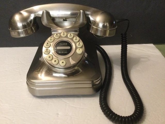 VINTAGE GRAND PHONE Corded Push Button/ Flash Redial, Metallic Silver ...