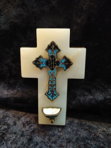 PETIT BÉNITIER MURAL de voyage en émail cloisonné sur bronze, XIXème ...