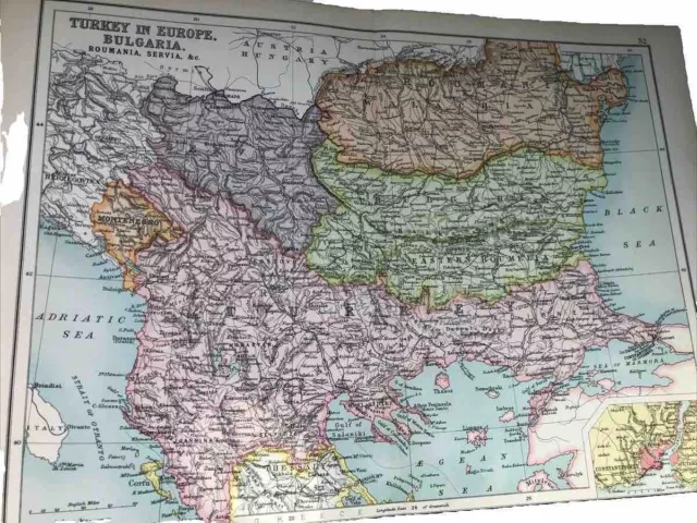 1910: ANTIQUE MAP Of Turkey In Europe Bulgaria Romania Serbia Servia ...