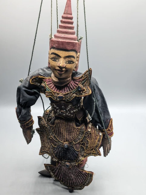VINTAGE THAI BURMESE Wooden String Puppet Marionette, Jewelled, Painted ...