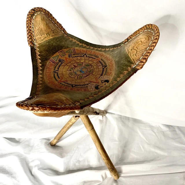 AZTEC DESIGN HAND Tooled Leather Stool Camping Chair Tri-Fold Folding ...