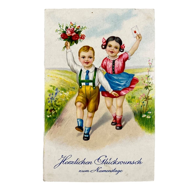 ANTIKE POSTKARTE 1933 Deutsche Propaganda Kinder Rosen Strauß Liebe ...