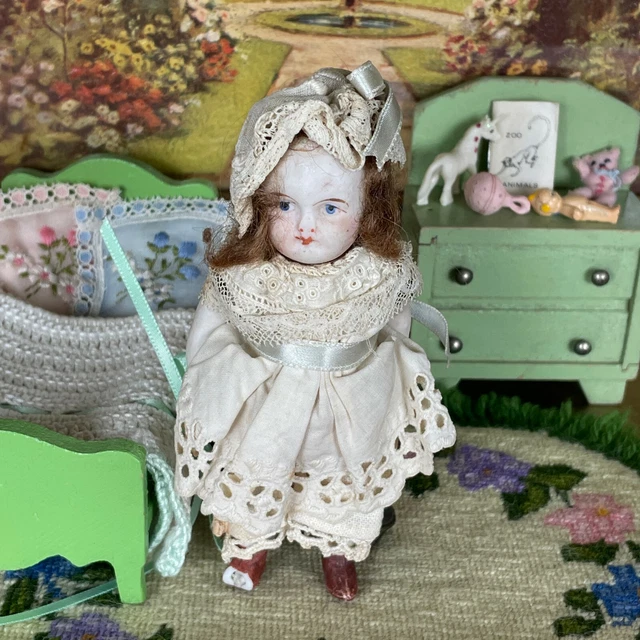 Antique Victorian Mignonette Doll Victorian Lace Dress Bisque Porcelain