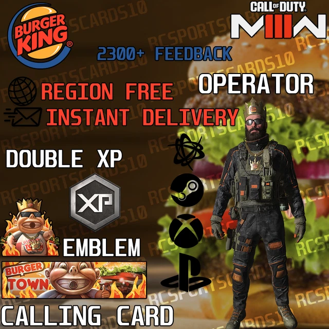 CALL OF DUTY Modern Warfare 3 MW3 Burger King Town Operator Skin+2XP (2 ...