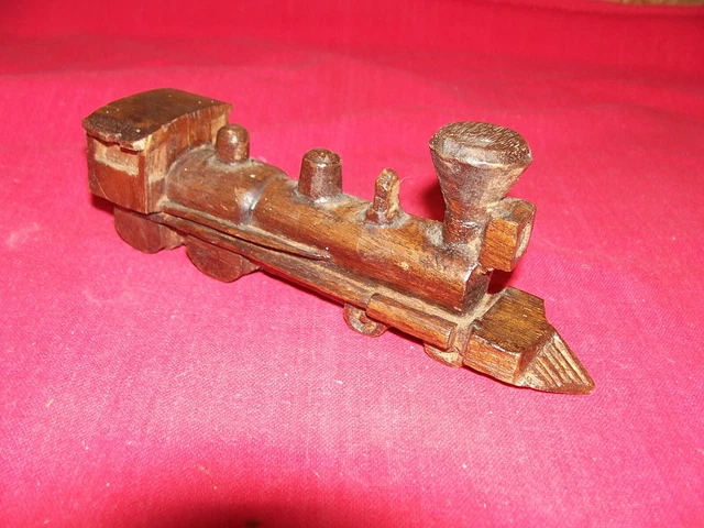 ANTIQUE PRIMITIVE TOY Hand Carved Wood Train Steam Locomotive Railroad ...