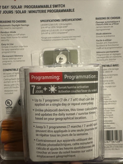 HONEYWELL HOME 7-DAY Solar Programmable Light Switch/Timer 120V ...