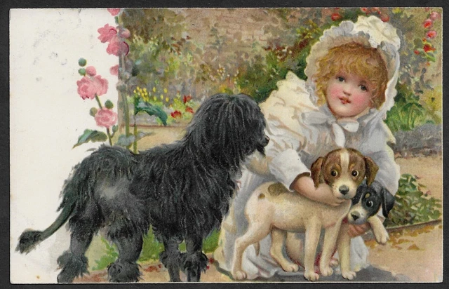 HARRIET BENNETT ARTIST Drawn Old Postcard Pretty Girl & Dog Ernest ...