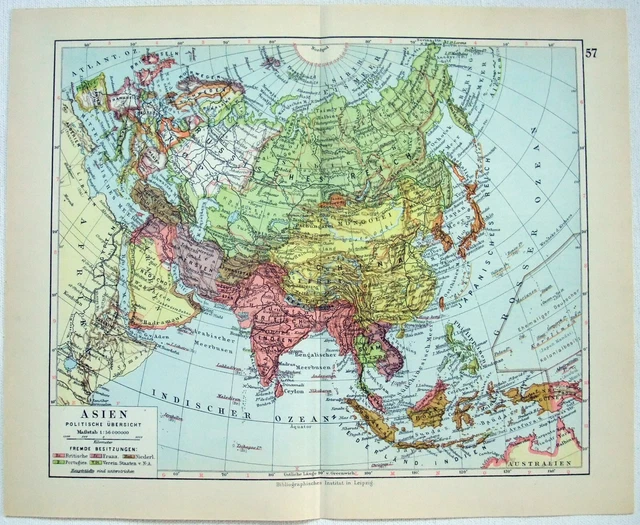 ASIA - ORIGINAL 1928 German Language Political Map by Meyers. Vintage ...