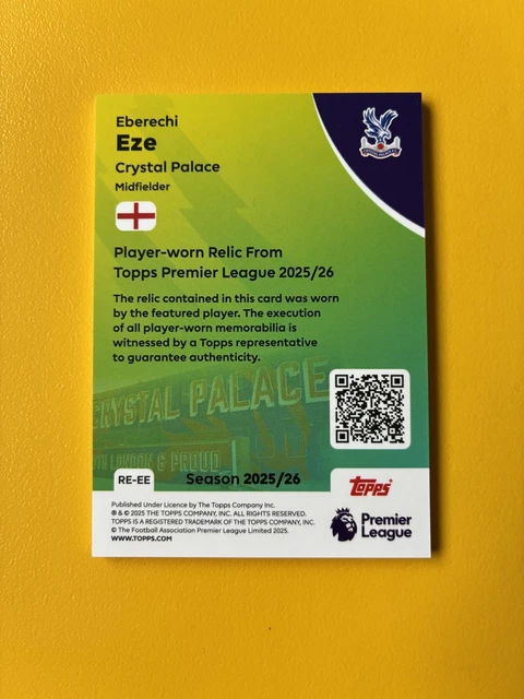 EBERECHI EZE MATCH Worn Patch 2025/26 Crystal Palace Topps Premier ...