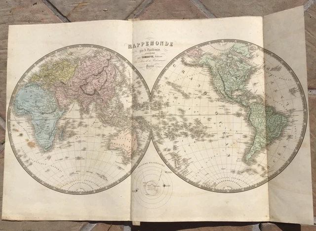1858 ORIGINAL VUILLEMIN Map - "Mappemonde" -World Map in Hemispheres ...