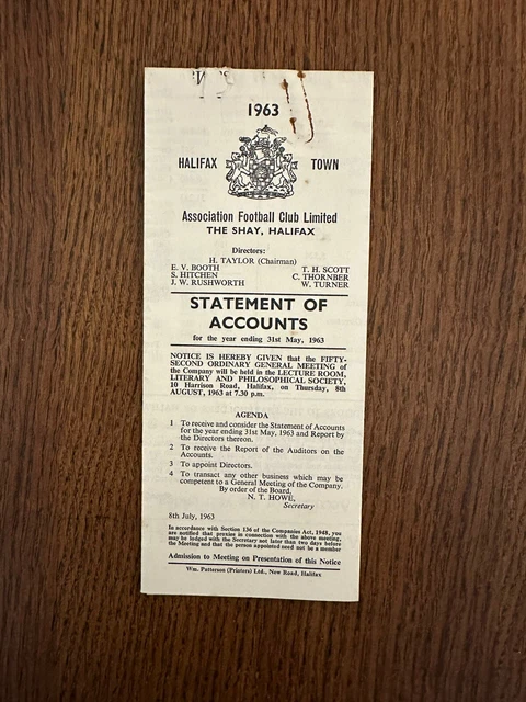 HALIFAX TOWN BALANCE Sheet & Accounts plus AGM minutes 1963 ( 36/10) £ ...