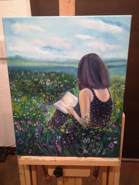FRAU MIT BUCH Gemälde Bild auf Leinwand, handgemalt, 40x50cm handgemalt EUR 120,00 - PicClick DE