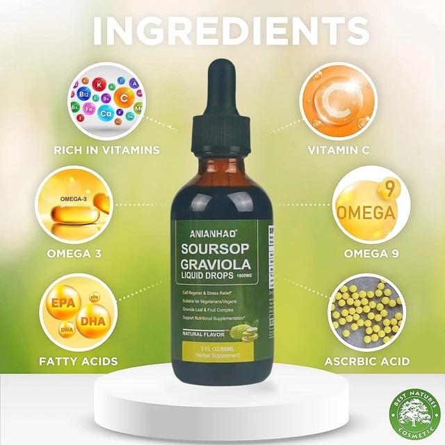 100% PURE GRAVIOLA Soursop Liquid Drops-1500mg Fruit & Leaf Herbal ...