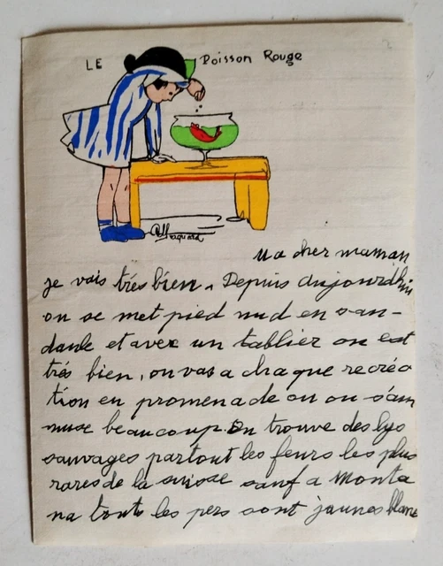 DESSIN D'ENFANT ANCIEN 1910 Le Poisson Rouge Signee Maquard Papier ...