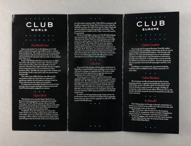 BRITISH AIRWAYS CLUB World Club Europe 1980'S Cabin Crew Airline ...