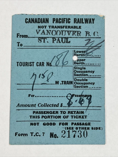 RAILWAY TICKET Canadian National SS Co Prince Rupert - Vancouver 1940 ...