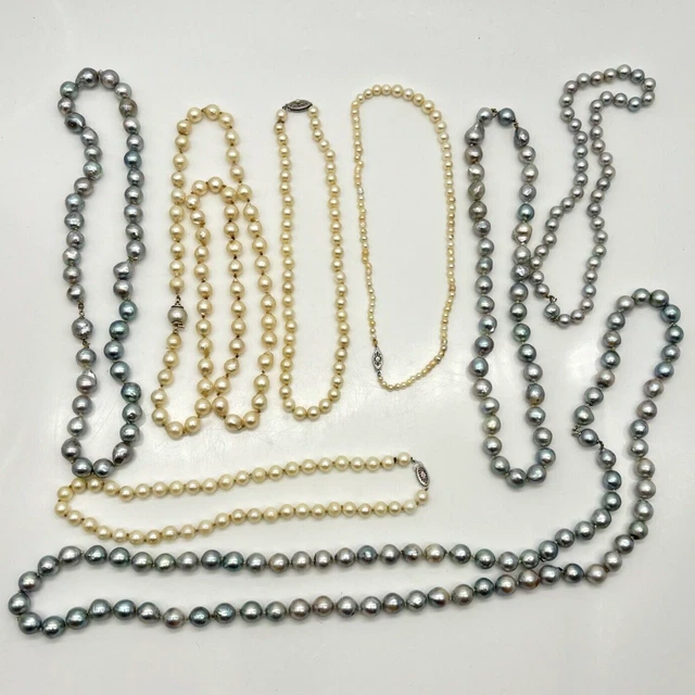 VINTAGE 14K GOLD Cultured Pearl 8pc Necklace Lot Grey/Blue & White ...