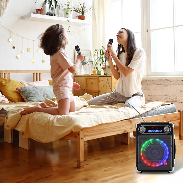 PORTABLE BLUETOOTH WIRELESS Karaoke Party Disco Speaker + 2 Microphone ...