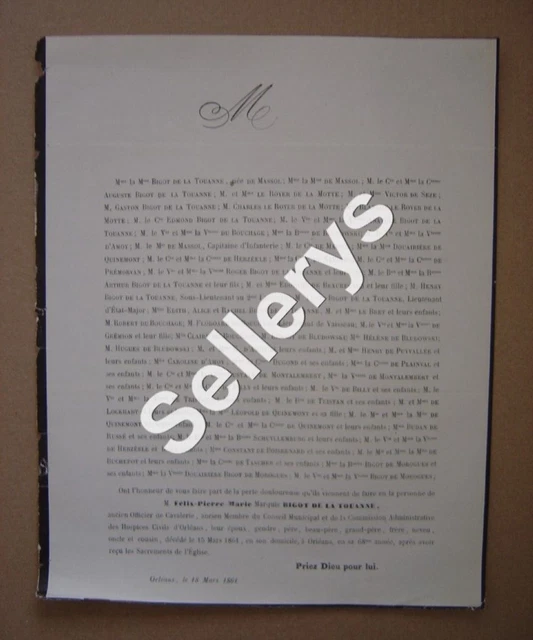 FAIRE PART DE décès Monsieur Félix Pierre Marie Marquis BIGOT de la Touanne 1861 EUR 24,90 ...