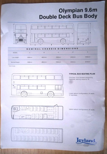 LEYLAND OLYMPIAN 8.6M Double Deck Bus Body 1989 Specification Sheet £14 ...