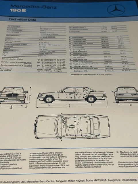 MERCEDES BENZ 190E Technical Data Car Range Sales Info Brochure Sheet ...