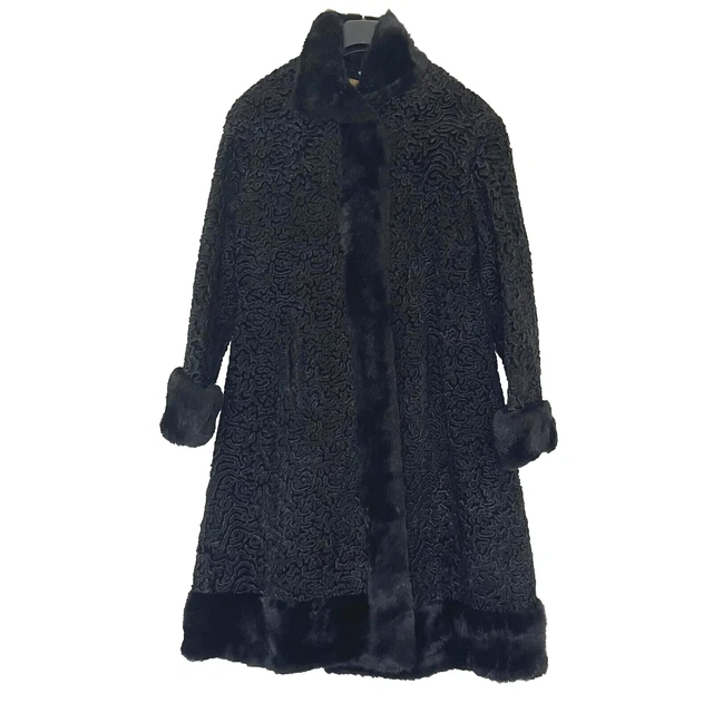 VINTAGE ASTRA FURS Paris 60s Black Astrakhan Fur Trim Long Coat Size 12 ...