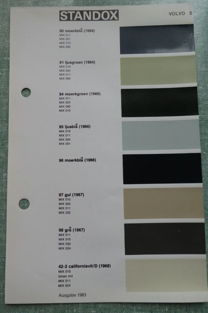 VOLVO FARBTABELLE FARBKARTE 1964 1968 Farbmuster Lackmuster Lacktabelle STANDOX EUR 8,00 ...
