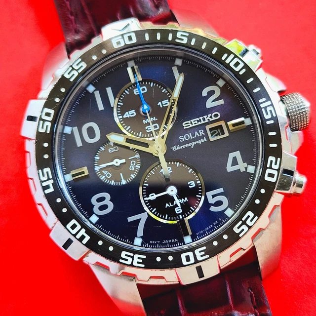 SEIKO CHRONOGRAPH ALARM Solar Watch Blue Dial Stainless Steel V172-0AT0 ...