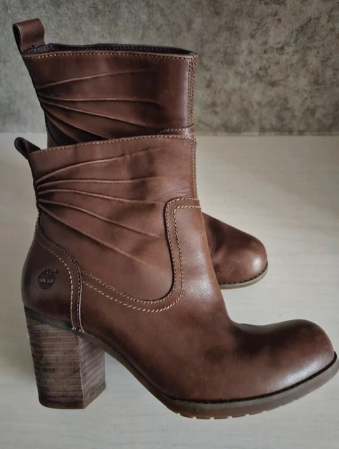 TIMBERLAND BLOCK HEEL Brown Tan Genuine Leather Ankle Boots UK5.5 3 ...