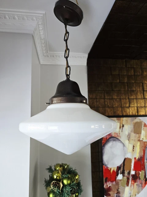 VINTAGE ANTIQUE ART Deco Milk Glass Schoolhouse Light Fixture Flying ...